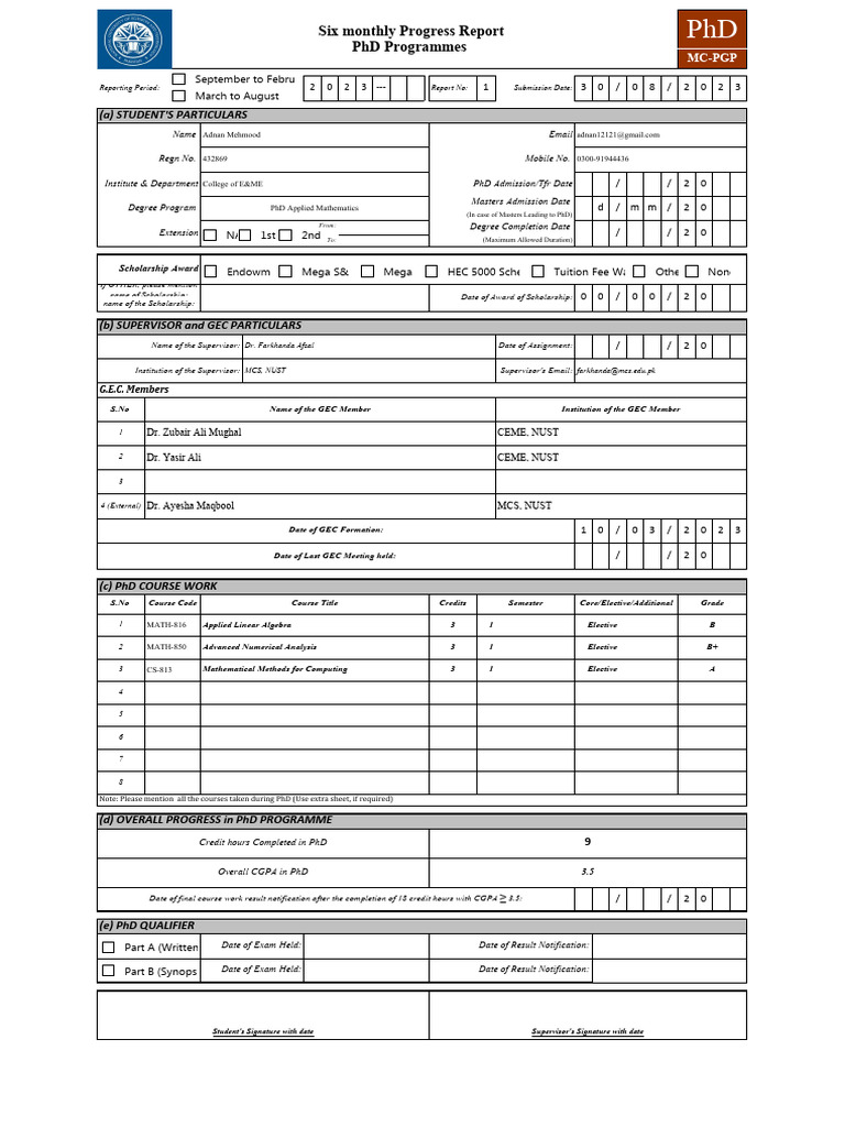 Six-Monthly Progress Report | PDF | Doctor Of Philosophy | Thesis