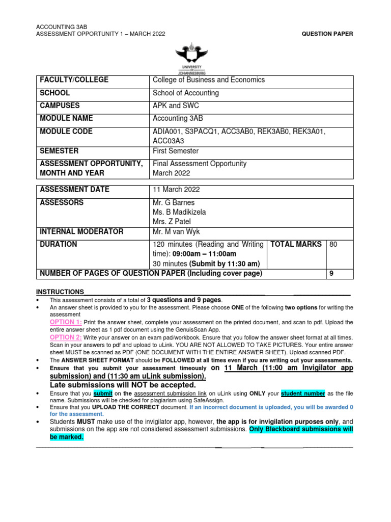Accounting 3AB March 2022 Assessment Paper | PDF | Technology & Engineering