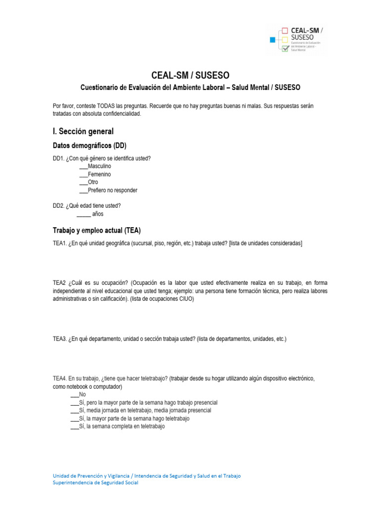 Cuestionario Ceal SM Suseso | Descargar gratis PDF | Tiempo de trabajo
