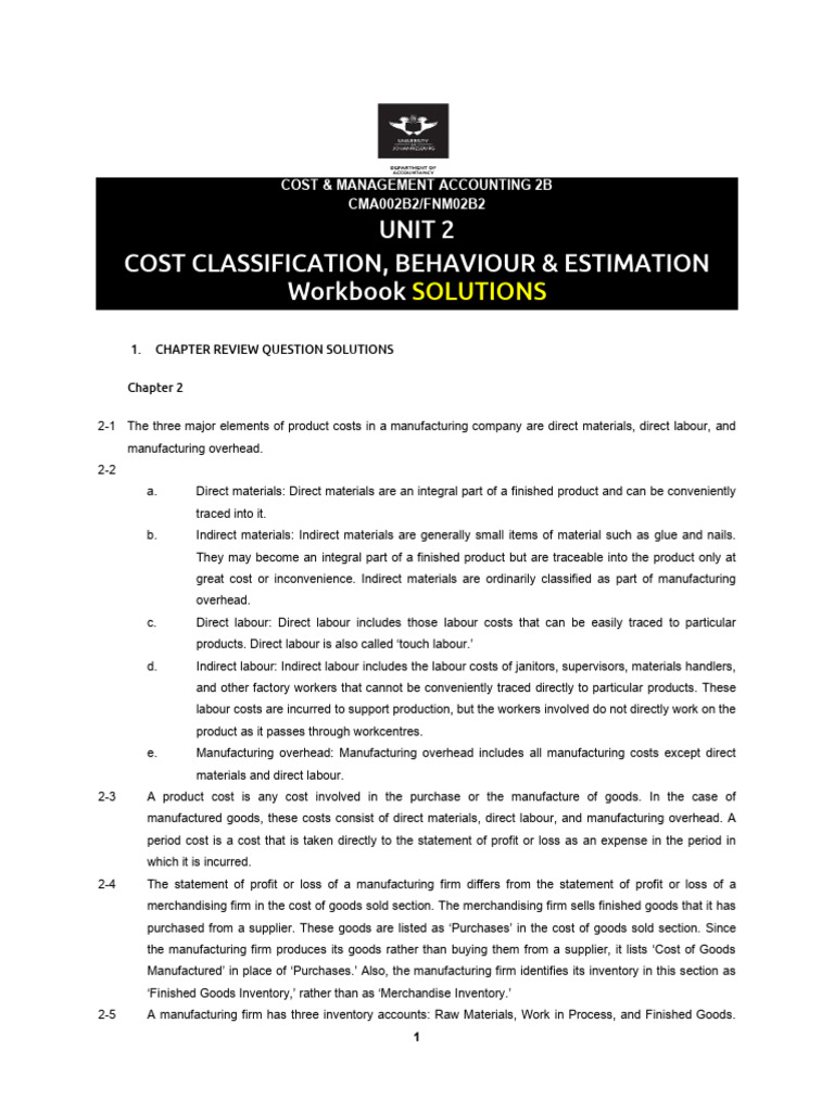 2B - Unit 2 - Cost Classification Behaviour & Estimation - Workbook ...