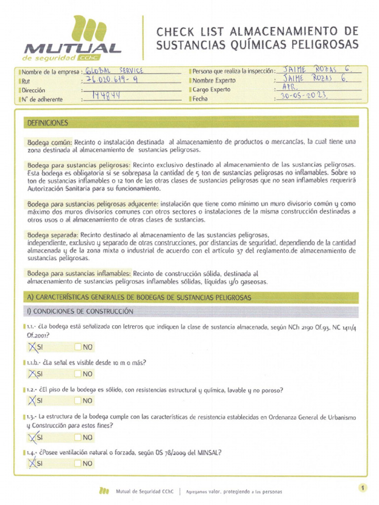 Check List Almacenamiento Sustancias Quimicas Peligrosas Ds 43 | PDF