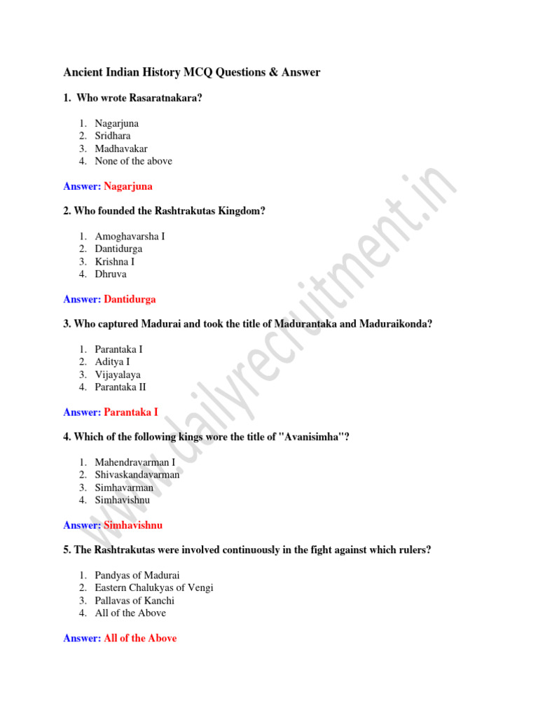 Ancient Indian History MCQs with Answers | PDF | Ancient India