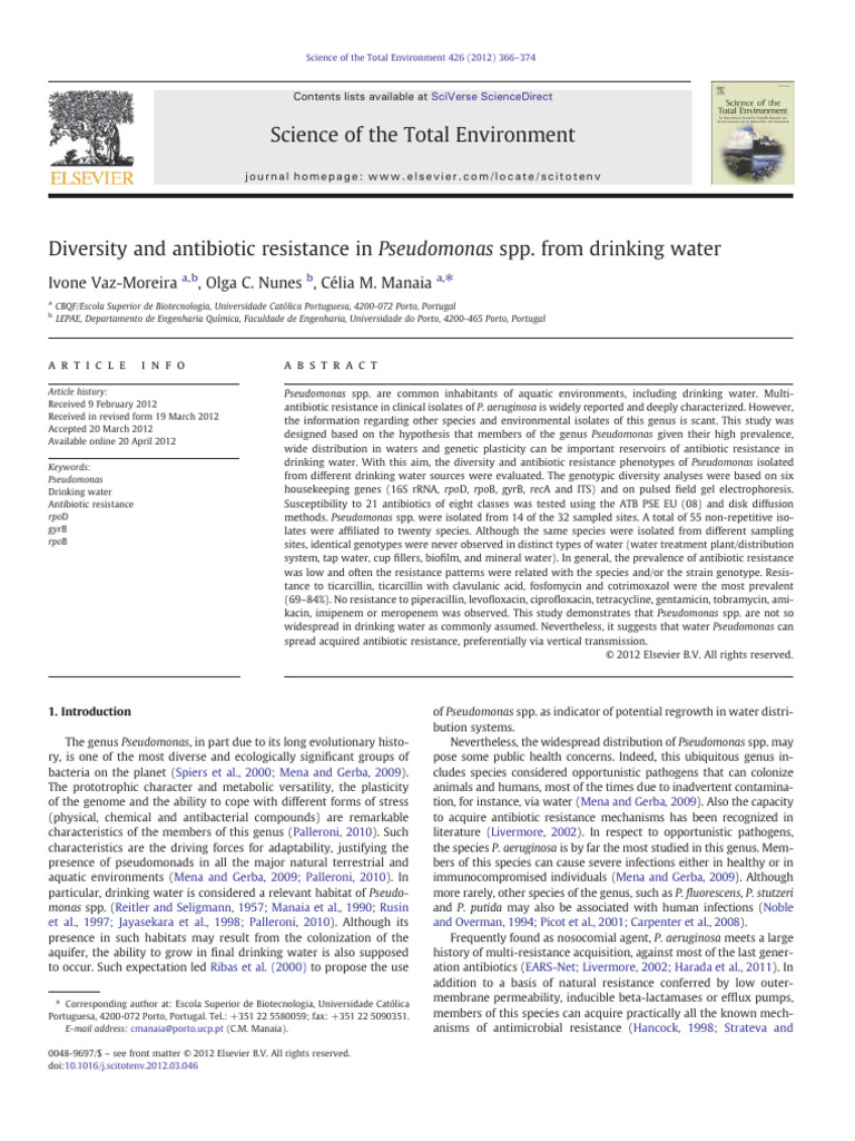 Pseudomonas Water Paper 1-s2.0-S004896971200407X-main | PDF | Wellness | Science & Mathematics