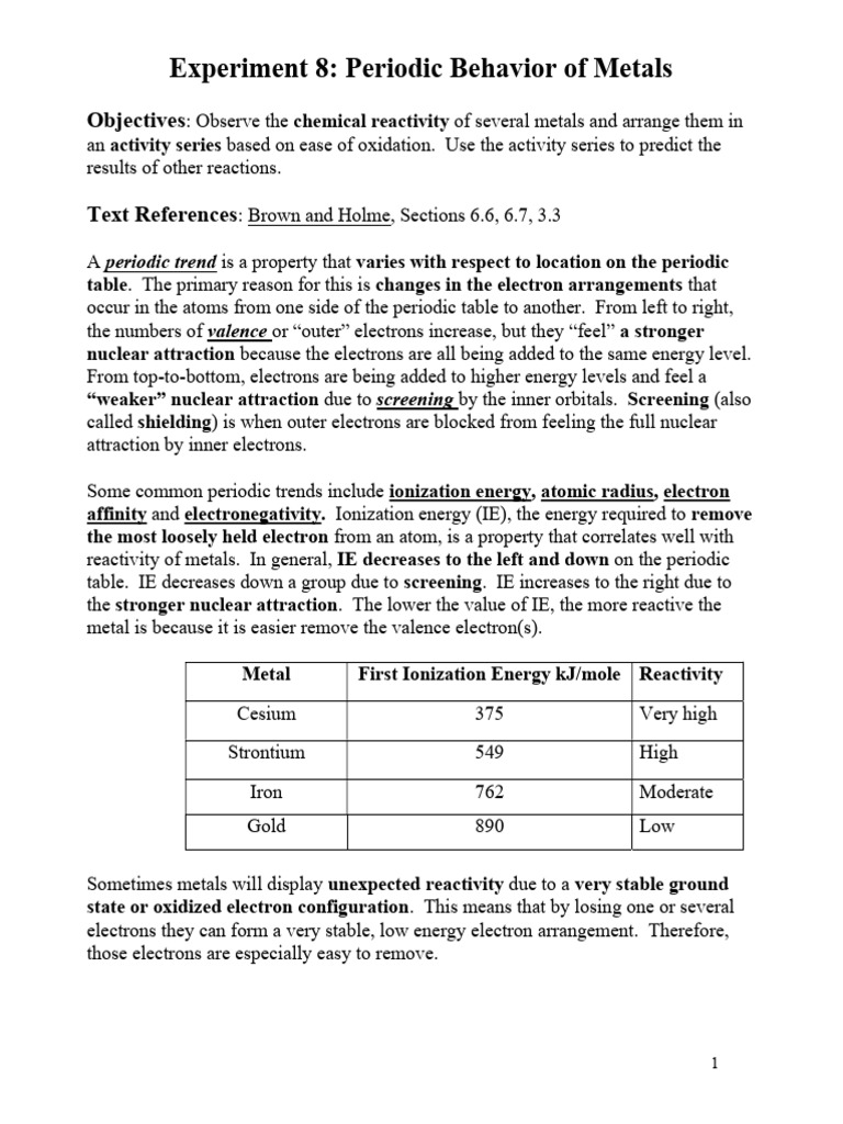 1409 Experiment 8 Periodic Behavior of Metals | PDF | Physical Sciences ...