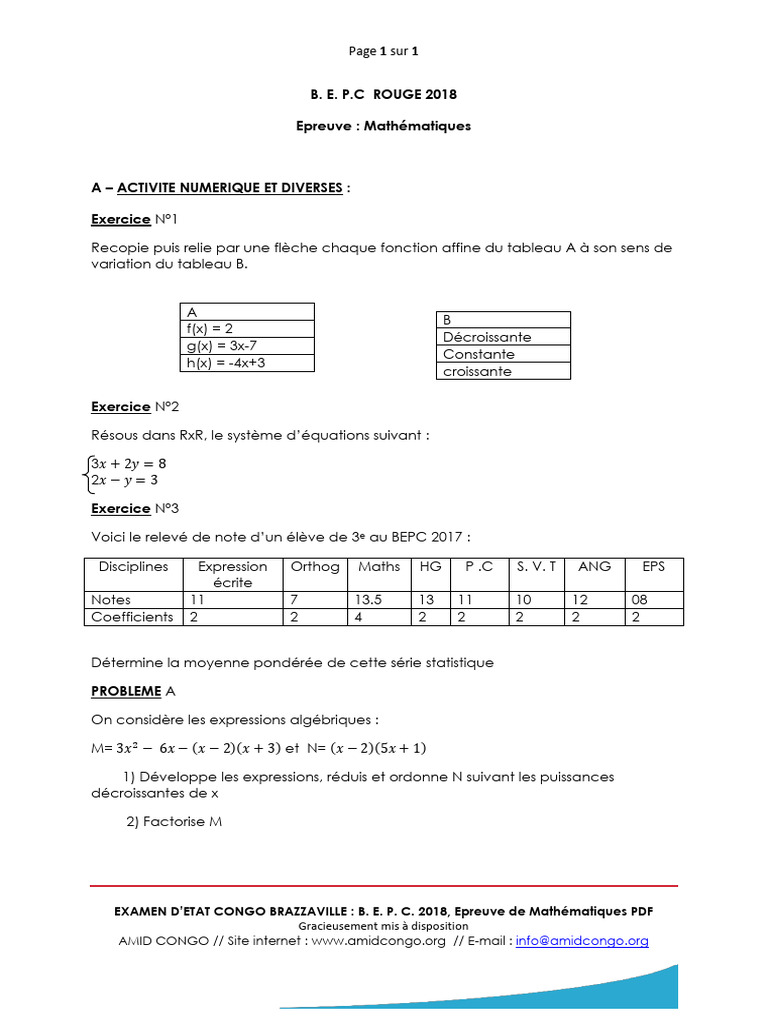 BEPC ROUGE 2018 Mathématiques | PDF