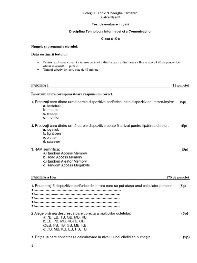 Test Initial Clasa A 9 | PDF