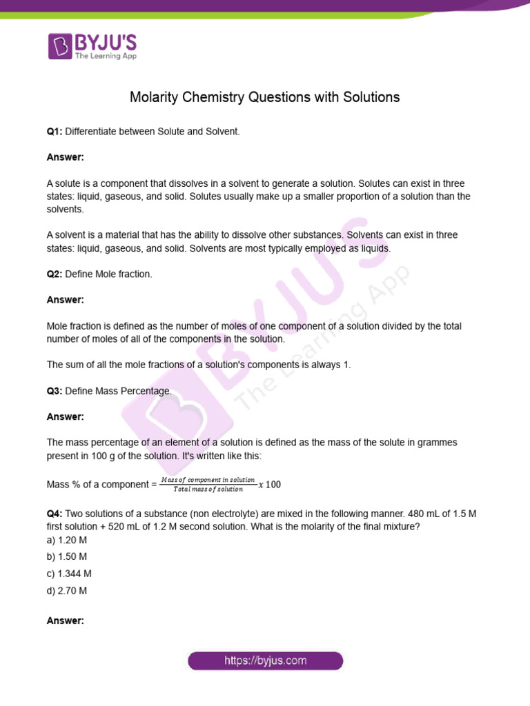 Molarity Questions | PDF | Mole (Unit) | Molar Concentration