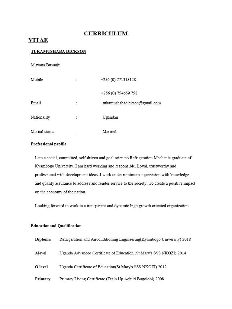 Tukamushaba Dickson CV | PDF | Air Conditioning | Refrigeration