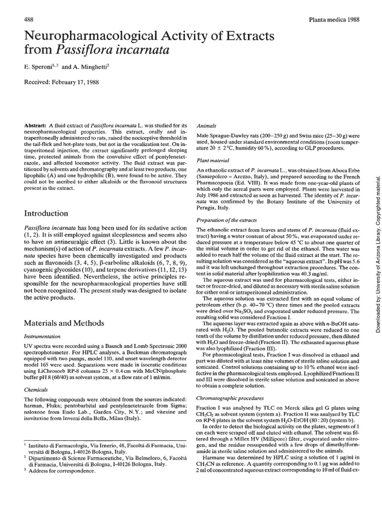 Neuropharmacological Activity of Extracts From Passoflora Incarnata | PDF