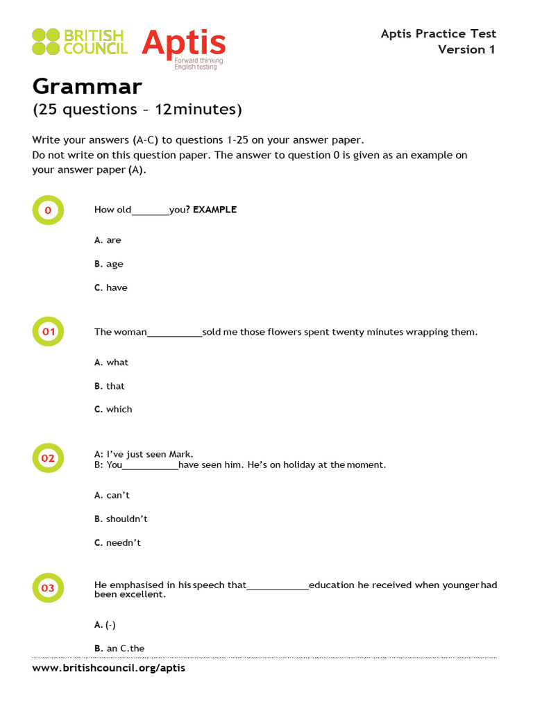 Aptis Grammar and Vocabulary Test | PDF
