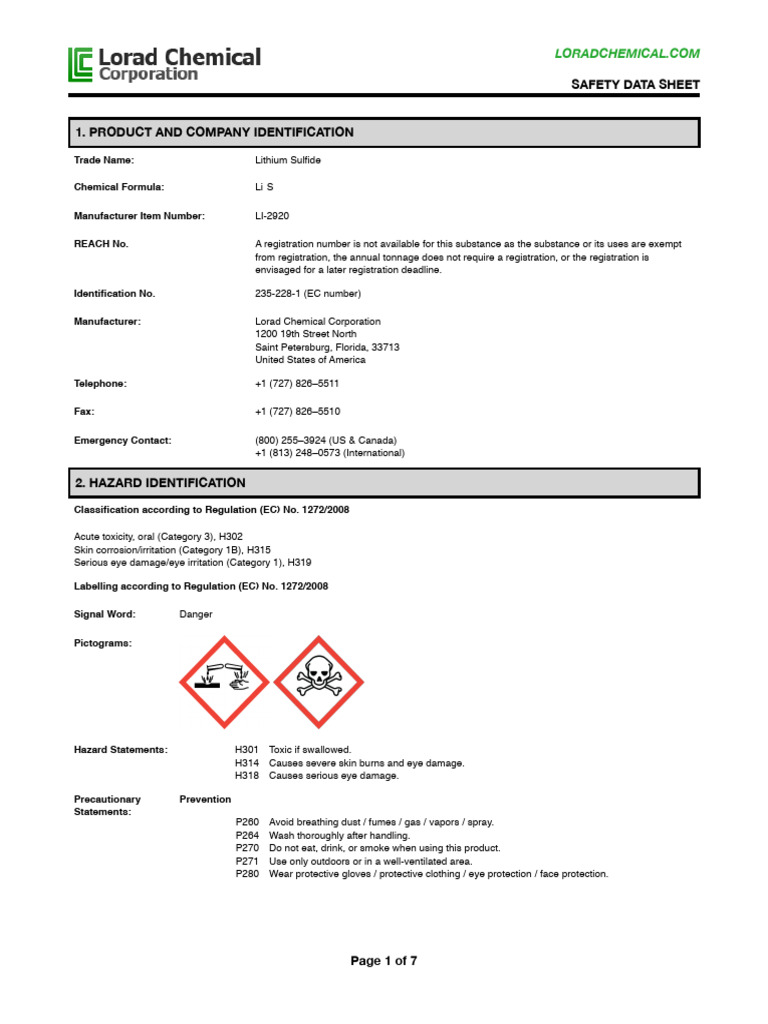 SDS Lithium Sulfide EU | Download Free PDF | Toxicity | Medical Specialties