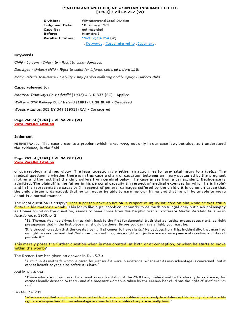 Pinchin v Santam Insurance Case Summary | PDF | Tort | Negligence