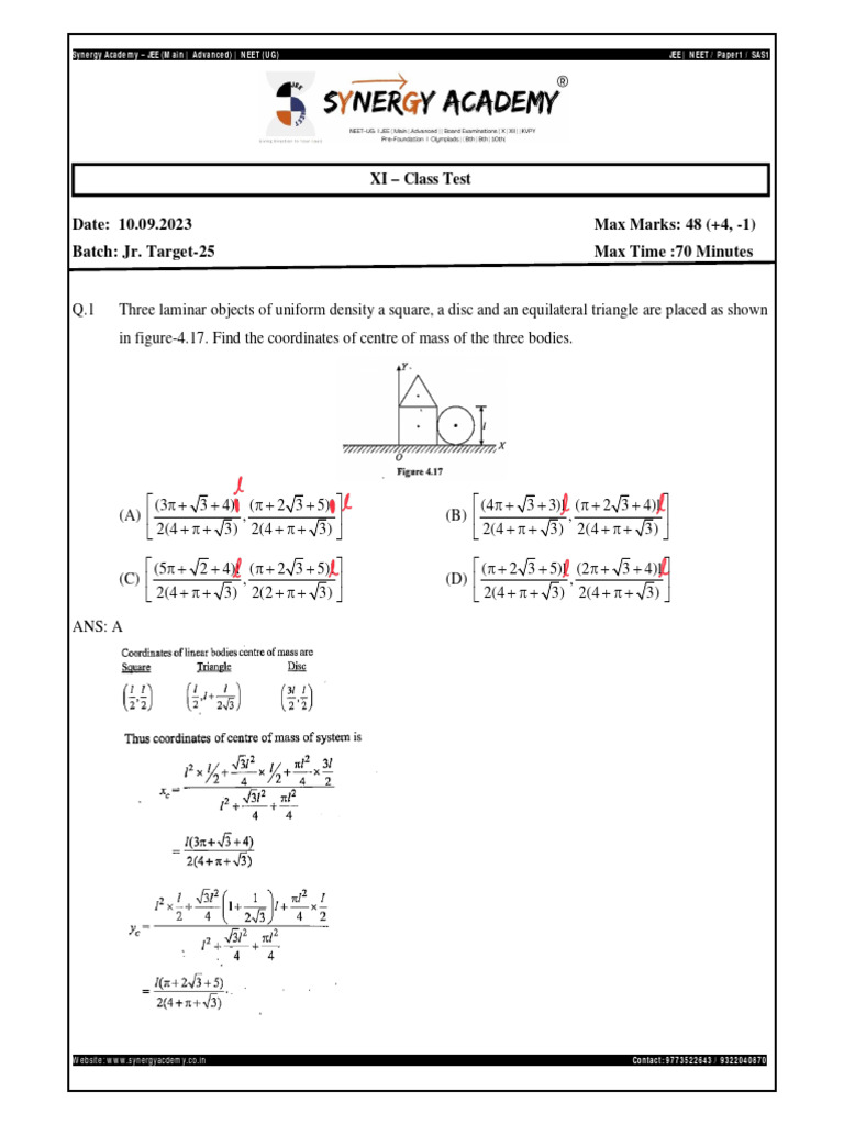 XI - Class Test - Physics-Question Paper | PDF | Sphere | Mechanics