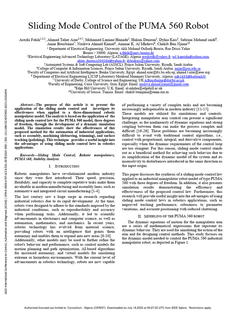 1-Sliding Mode Control of The PUMA 560 Robot | Download Free PDF | Robotics | Robot
