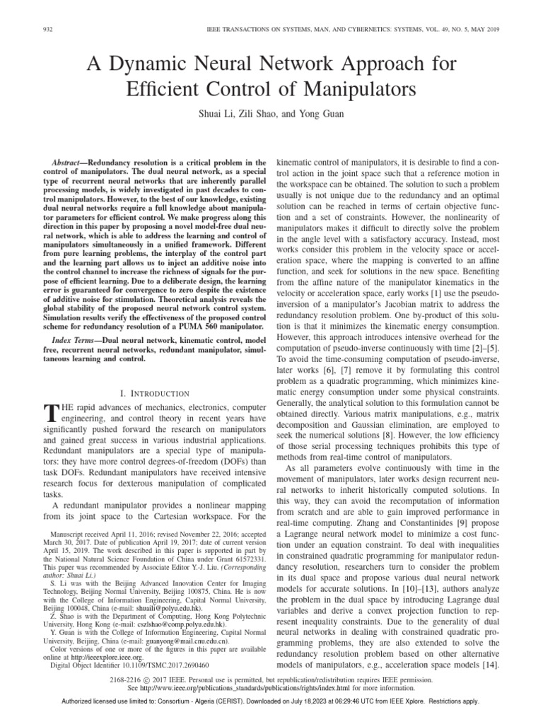 A Dynamic Neural Network Approach For Efficient Control of Manipulators | PDF