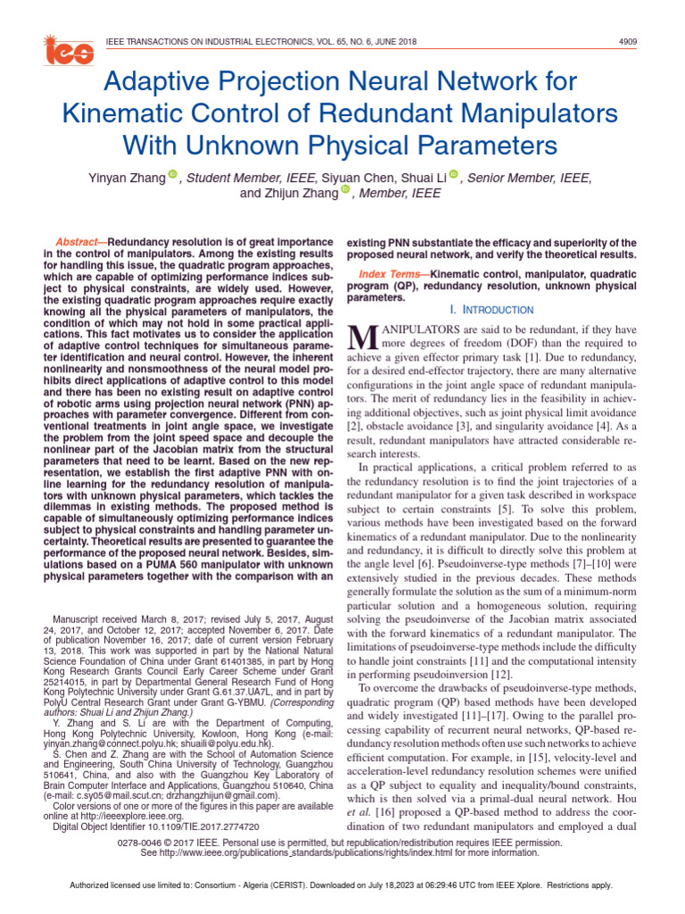 3 A Adaptive Projection Neural Network For Kinematic Control Of Redundant