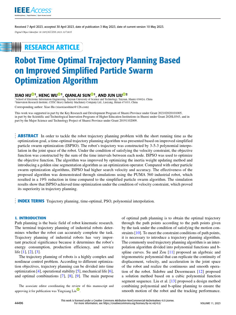 Robot Time Optimal Trajectory Planning Based On Improved Simplified Particle Swarm Optimization ...