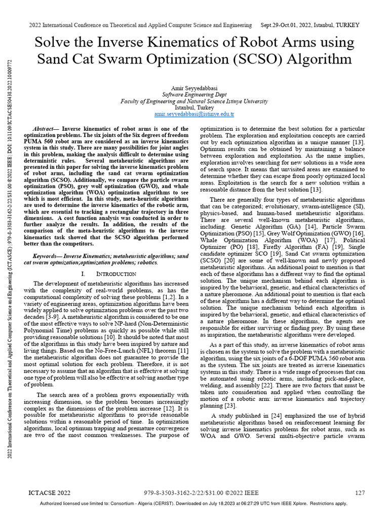 Solve The Inverse Kinematics Of Robot Arms Using Sand Cat Swarm Optimization Scso Algorithm
