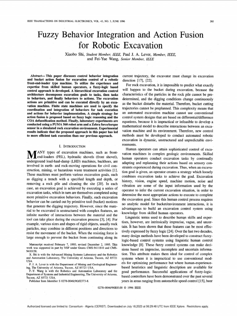 Fuzzy Behavior Integration And Action Fusion For Robotic Excavation Pdf Robotics Fuzzy Logic 