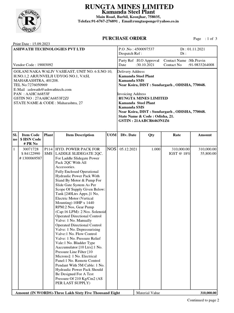Purchase Order for Kamanda Steel Plant | PDF