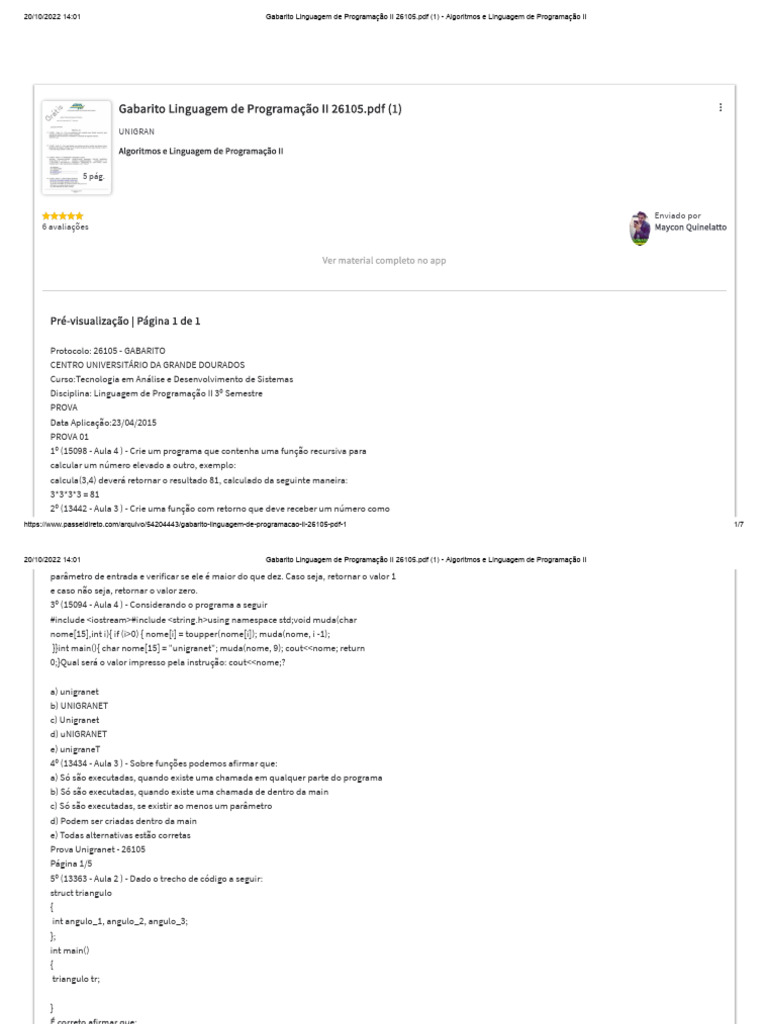 Gabarito Linguagem de Programação II 26105.PDF (1) - Algoritmos e ... Gabarito Linguagem de Programação II 26105.PDF (1) - Algoritmos e ...