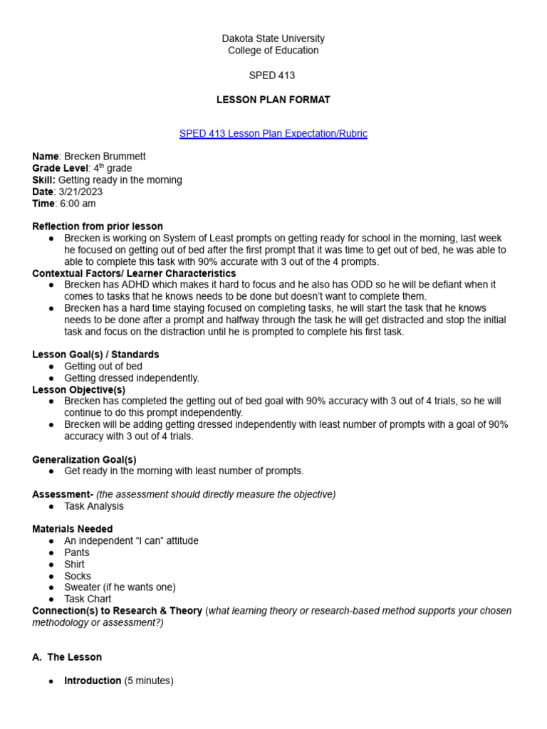 Brooke Brummett Sped 413 Lesson Plan 2 | PDF | Lesson Plan | Psychology