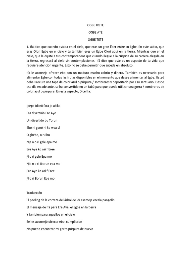 Ogbe Irete 32 Versos | PDF | Cocina, comidas y vino | Artes del ...