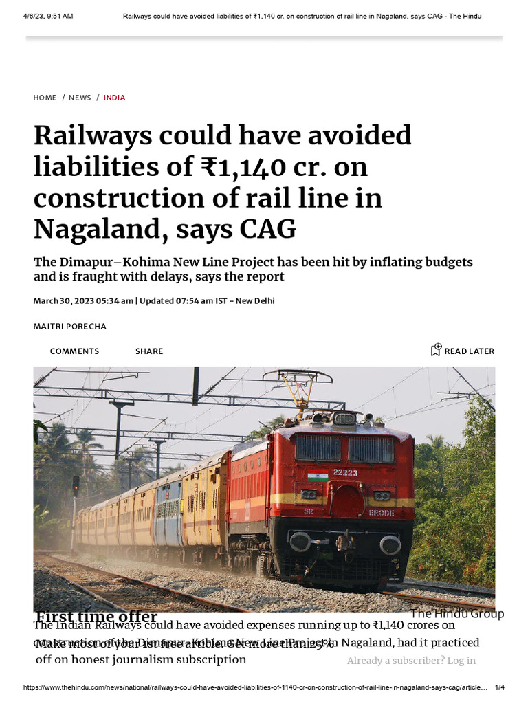 Railways Could Have Avoided Liabilities of 1,140 Cr. On Construction of Rail Line in Nagaland ...
