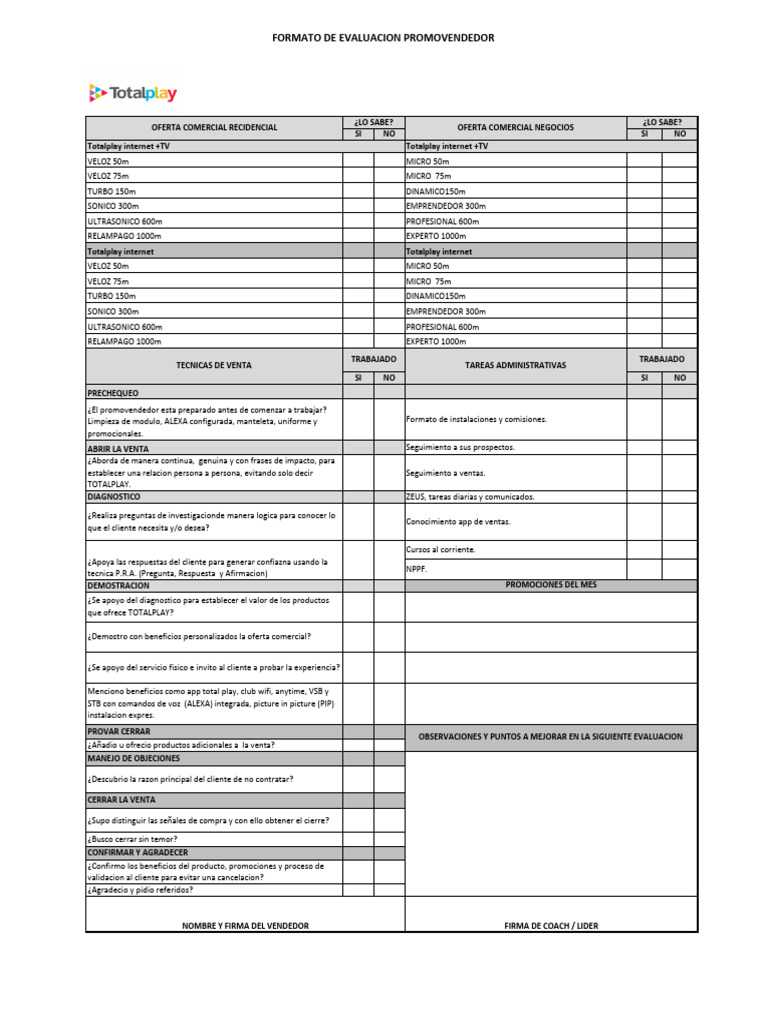 Formato de Evaluacion Vendedor PDV | PDF