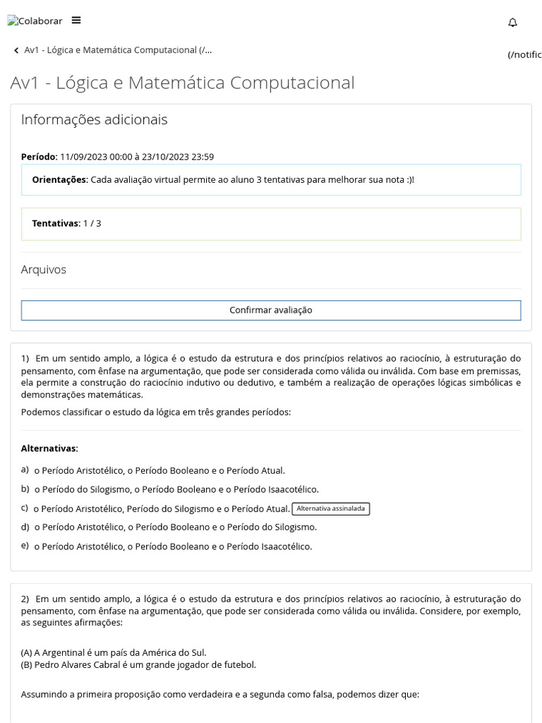 Colaborar - Av1 - Lógica e Matemática Computacional | PDF | Conjunto ...