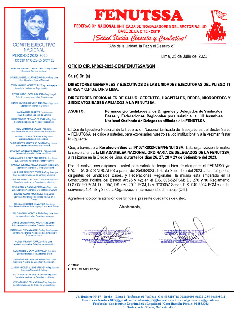 Oficio Circular 063 2023 53 Asam. Nacional | PDF | Gobierno | Organizaciones relacionadas con el ...