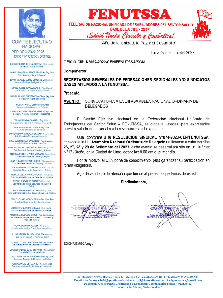 Oficio Circular 062 2023 53 Asam. Nacional | PDF