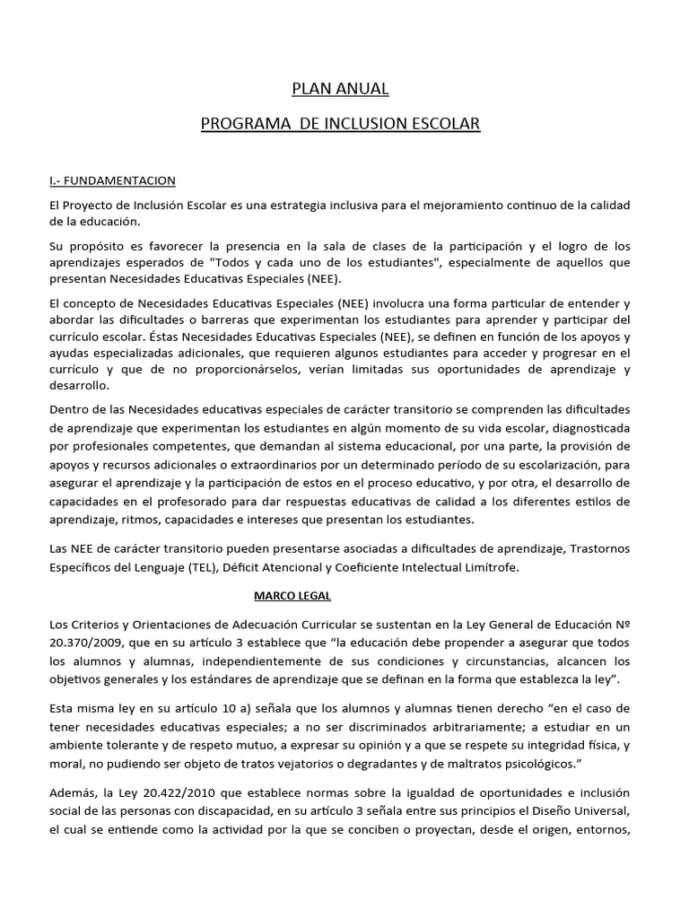 Plan Anual Inclusion | PDF | Plan de estudios | Aprendizaje