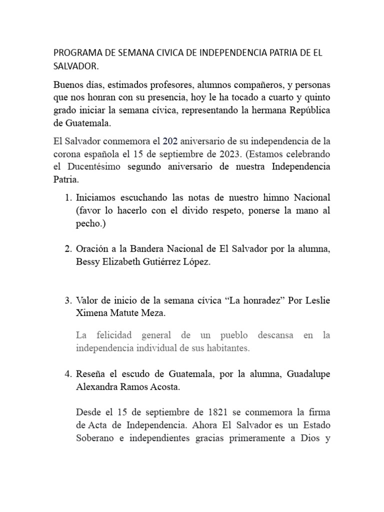 Programa de Semana Civica de Independencia Patria de El Salvador 2023 | PDF | El Salvador ...