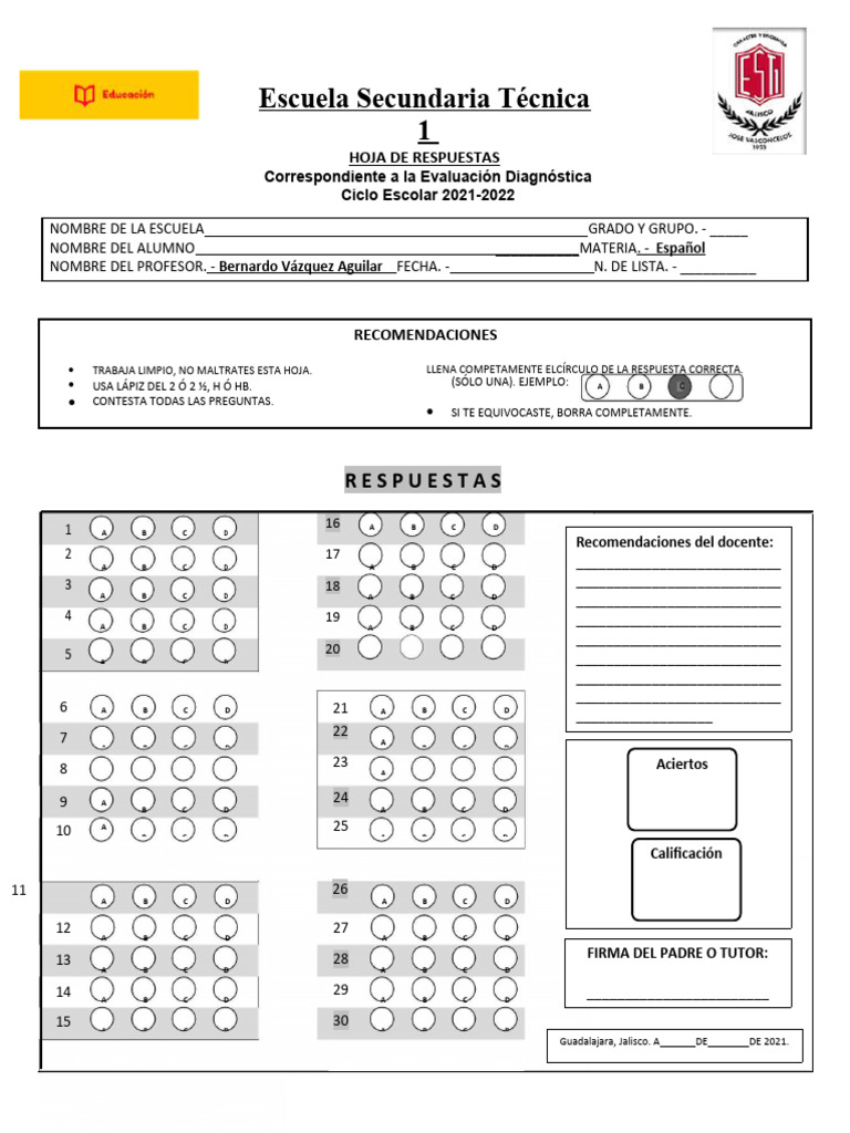 Hoja de Respuestas de Diagnóstico. | PDF