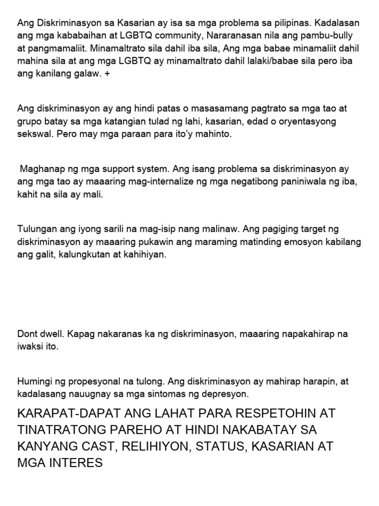 Ang Diskriminasyon Sa Kasarian Ay Isa Sa Mga Problema Sa Pilipinas | PDF