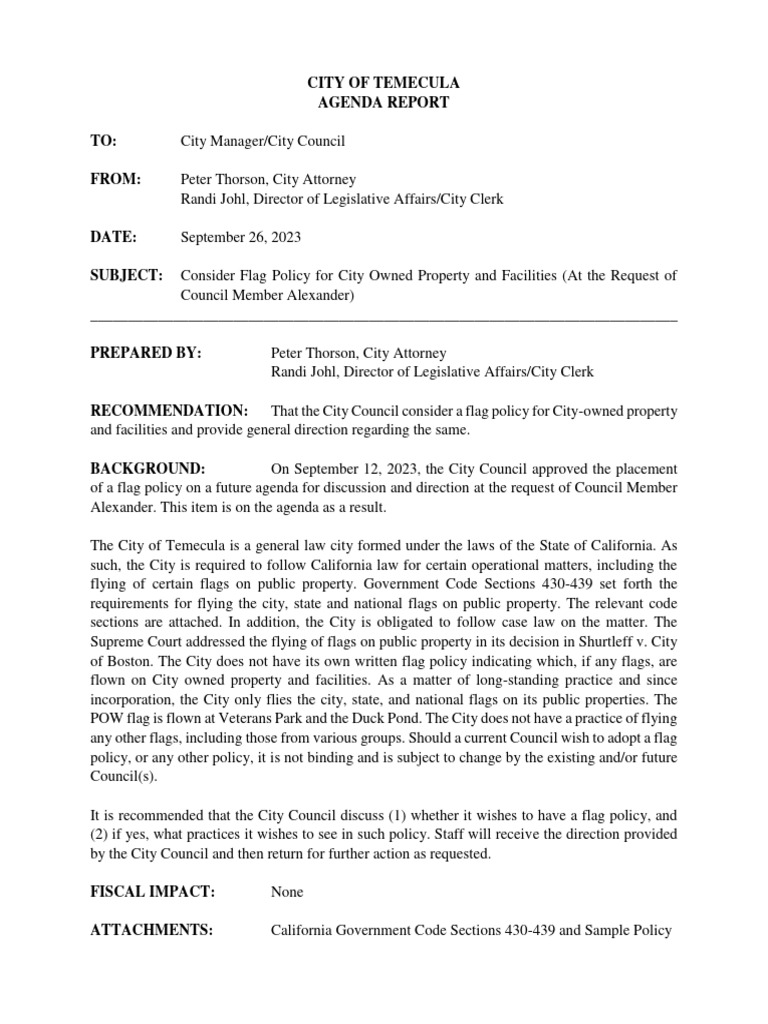 Proposed Temecula Flag Policy | PDF | Public Law | Law Of The United States