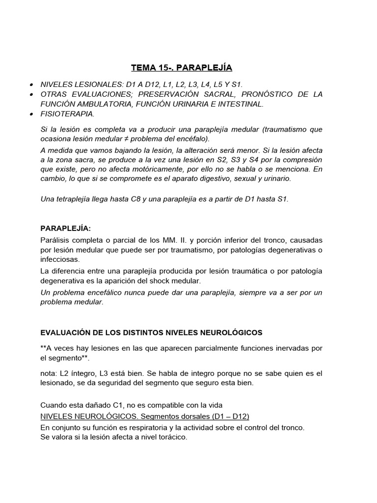 Tema 15-. Paraplejía | PDF | Rodilla | Lesión de la médula espinal