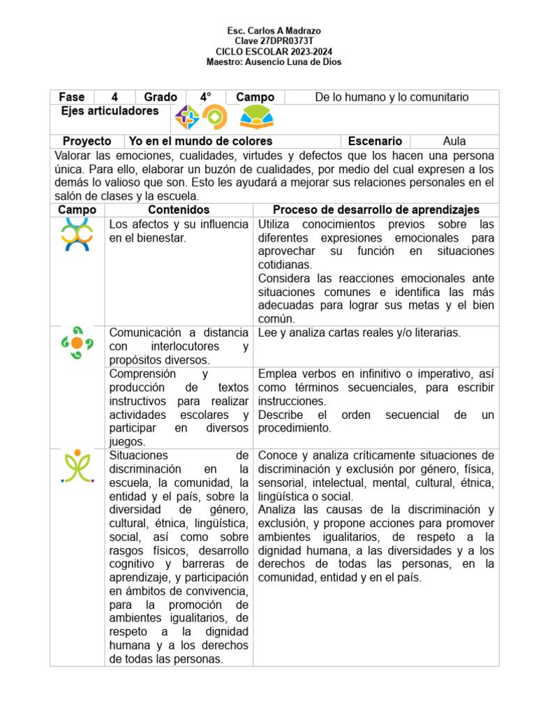 4°? 1 Yo en El Mundo de Colores (2023-2024) | PDF | Las emociones ...