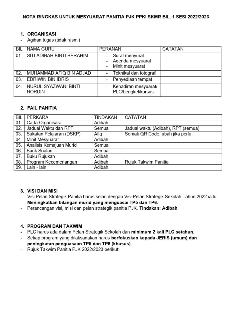 Nota Ringkas Untuk Mesyuarat Panitia PJK Ppki SKMR Bil 1 2022-2023 | PDF