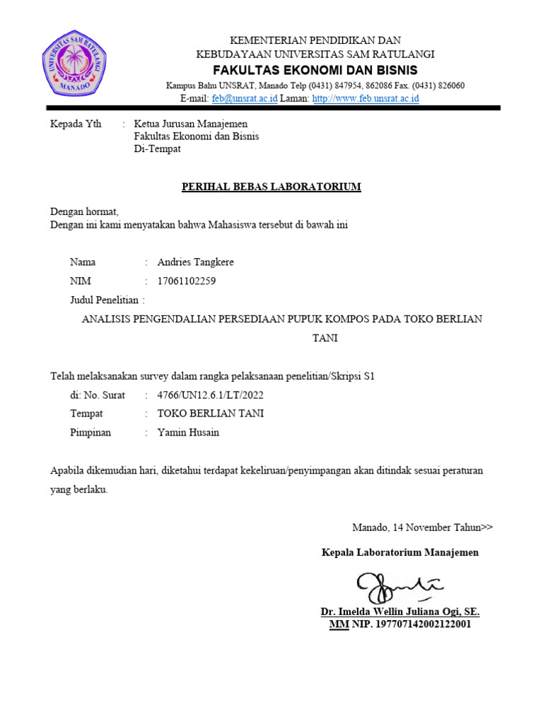 Bebas Lab Andries Tangkere | PDF