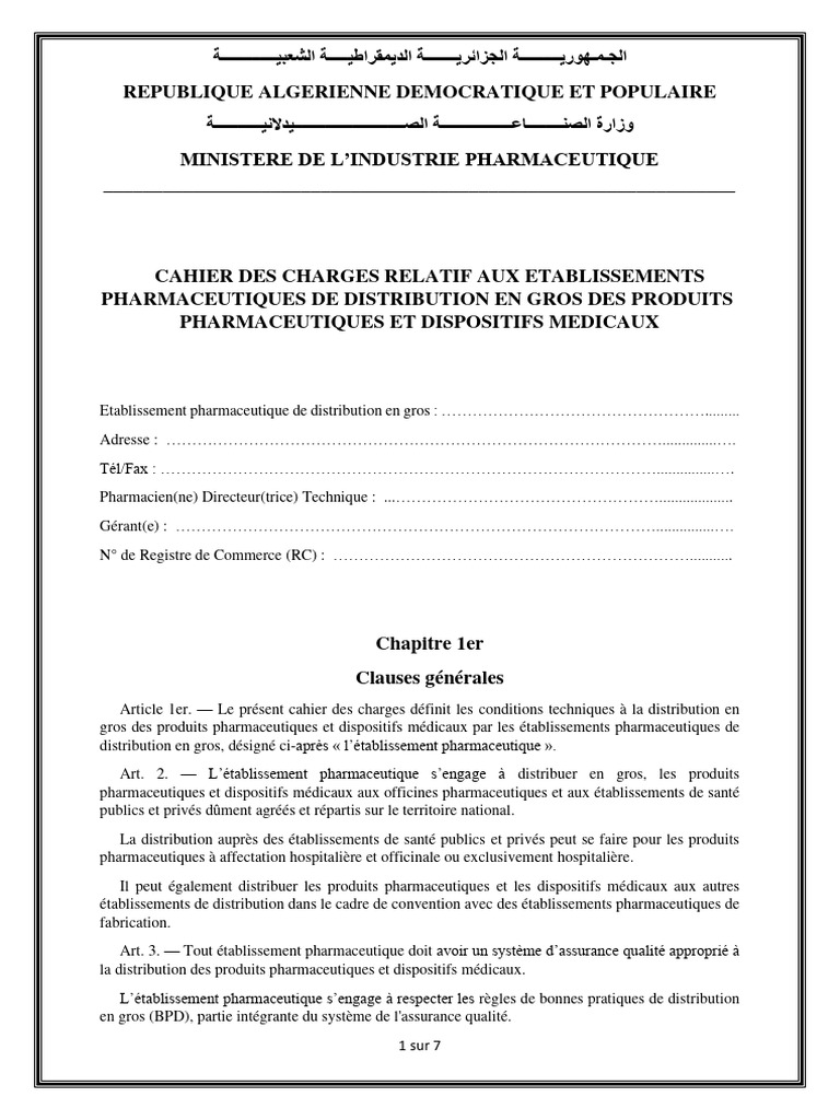 Cahier Des Charges Relatif Aux Etablissements Pharmaceutiques de ...