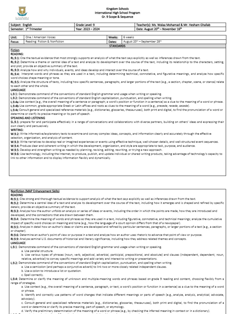 KS T1 Scope&Sequences Grade 9 English 2023-24 | PDF