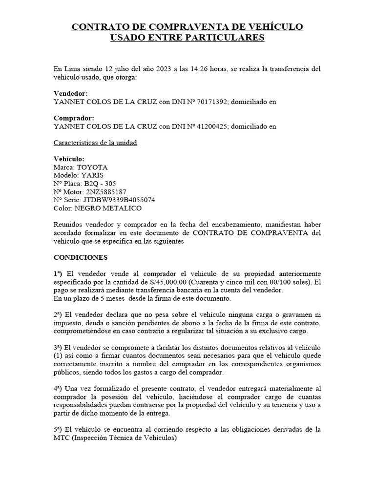 CONTRATO Compra y Venta Yannet Colos | PDF | Finanzas y dinero