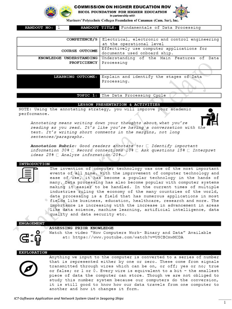 Handout 1 Fundamentals Of Data Processing Pdf Central Processing Unit Process Computing 0482