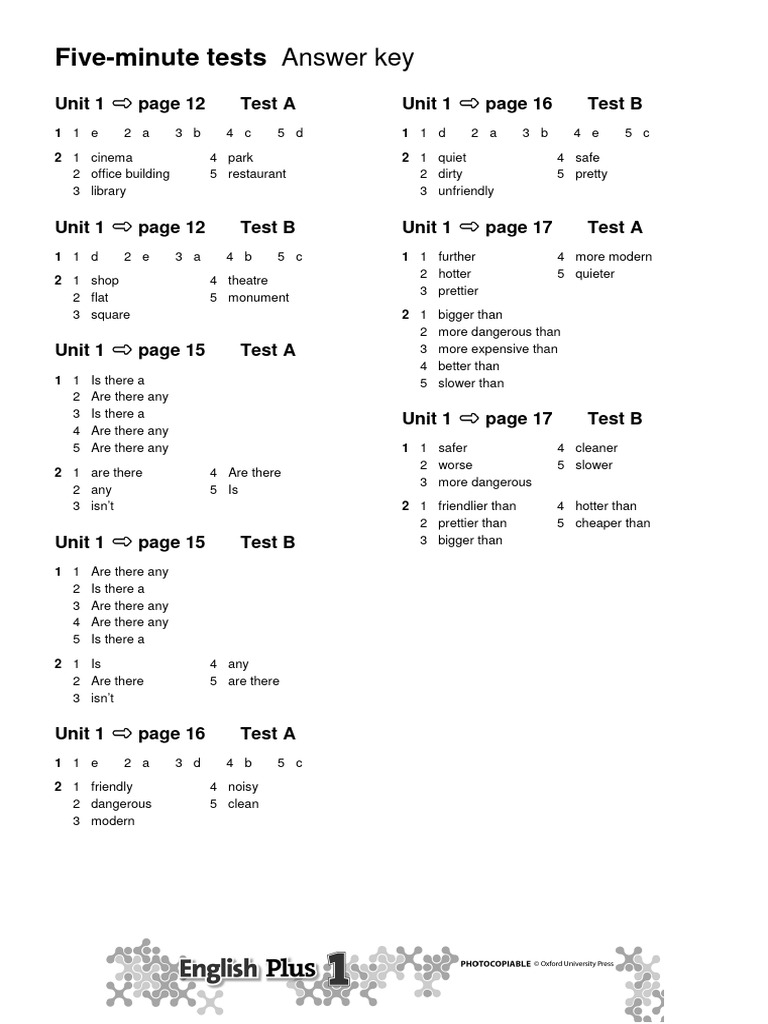 Five-Minute Tests Answer Key | PDF