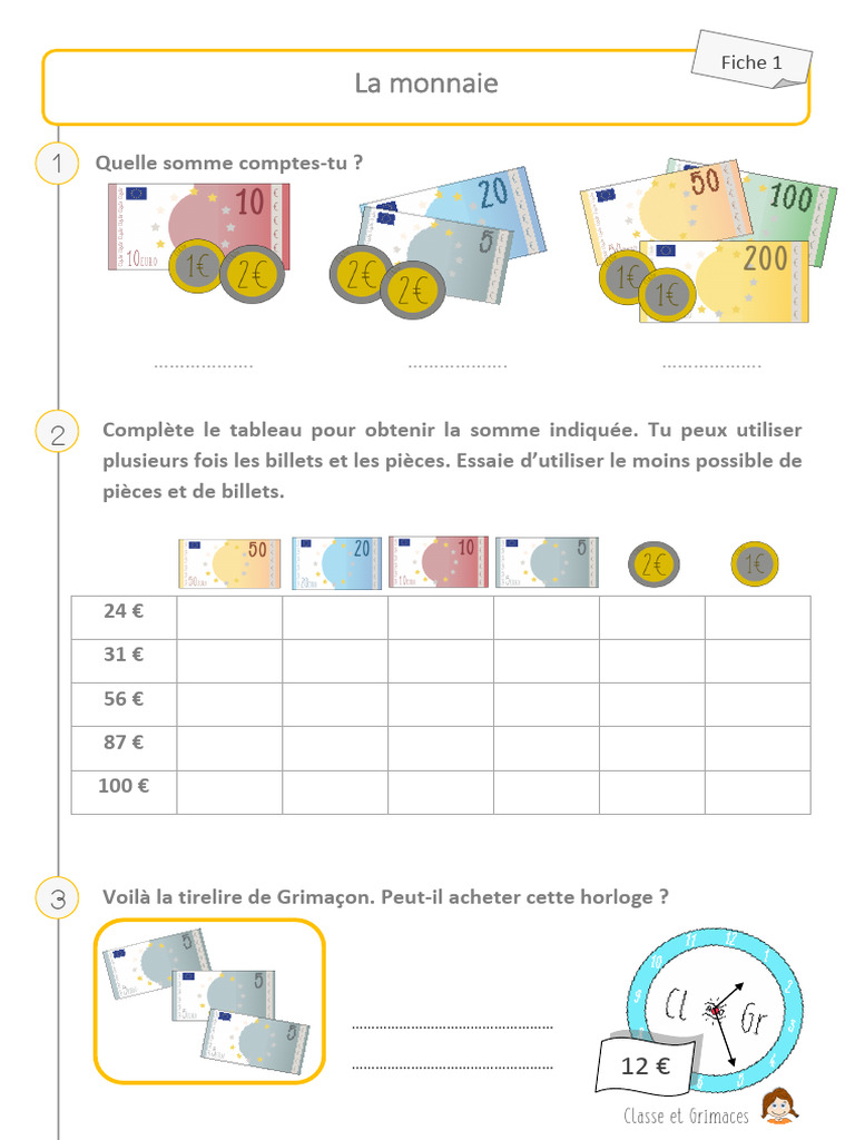 Fiches d'exercices sur la monnaie | PDF | Devises