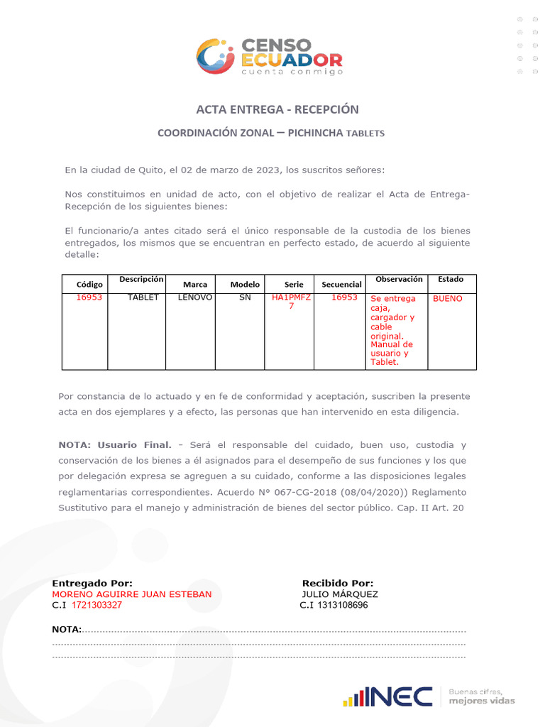 Acta de Devolución de Tablet | PDF