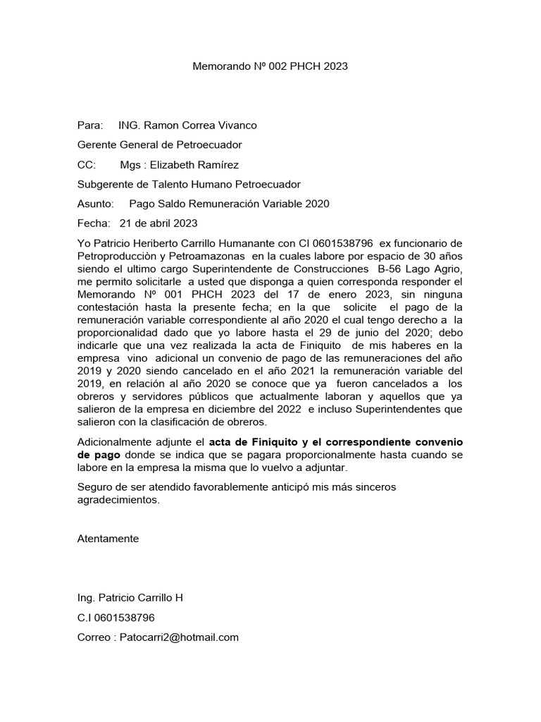 Memorando #002 PHCH 2023 | PDF