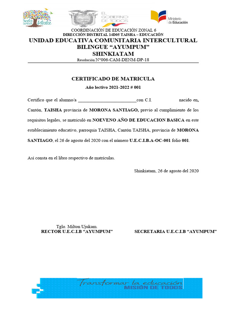 Certificado de Matriculas | Descargar gratis PDF | Educación primaria ...